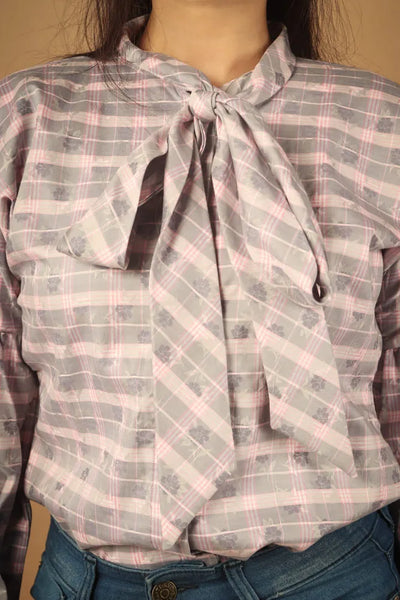 Statement Women's Office Pink and grey check shirt with tie around neck ...